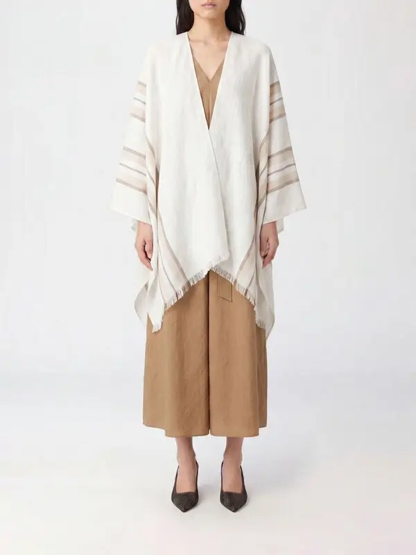 Brunello Cucinelli Asymmetrical Striped Linen And Cashmere Cape - White