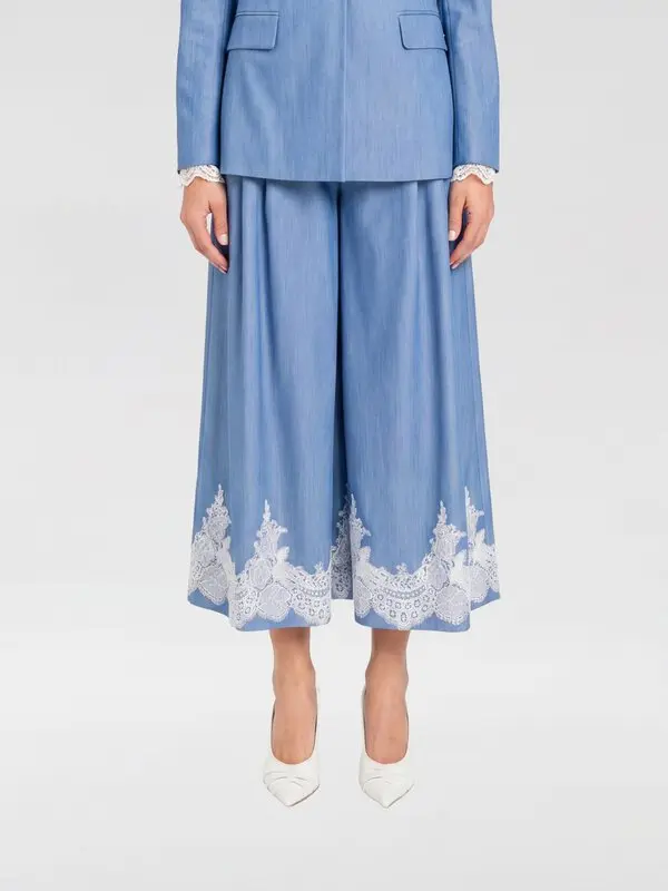 TWINSET Cropped Cotton Trousers With Embroidered Lace Inserts - Gnawed Blue
