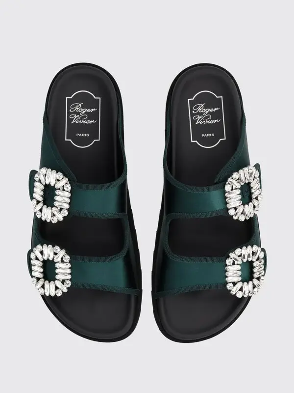 ROGER VIVIER Slidy Viv Satin Sandals With Jewel Buckles - Green