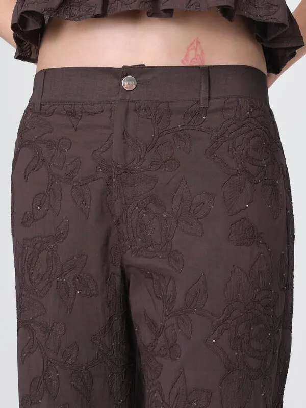Liu Jo Cropped Cotton Trousers With Floral Print And Rhinestone Embellishments - Brown