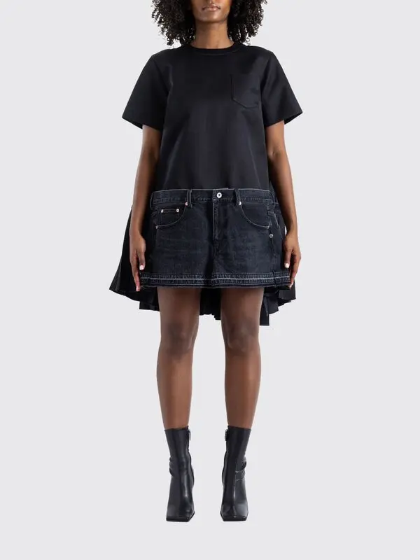 Sacai Asymmetrical Pleated Denim & Silk Mini Dress - Black