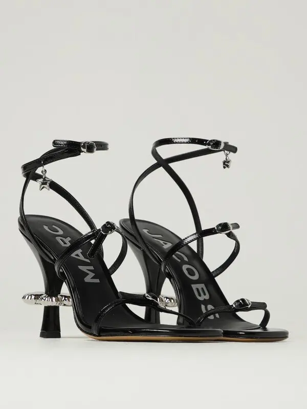 Marc Jacobs Patent Leather Strappy High Heel Sandals With Silver Tone Detailing