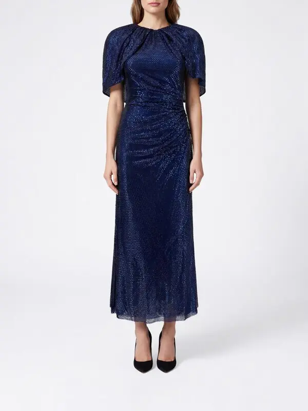 SELF-PORTRAIT Draped Beaded Short Sleeve Midi Dress - Blue