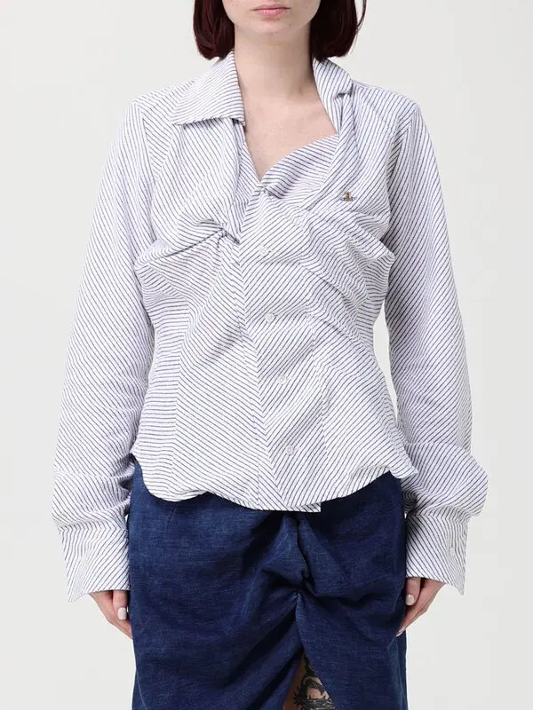 VIVIENNE WESTWOOD Asymmetric Striped Cotton Blend Shirt - Blue