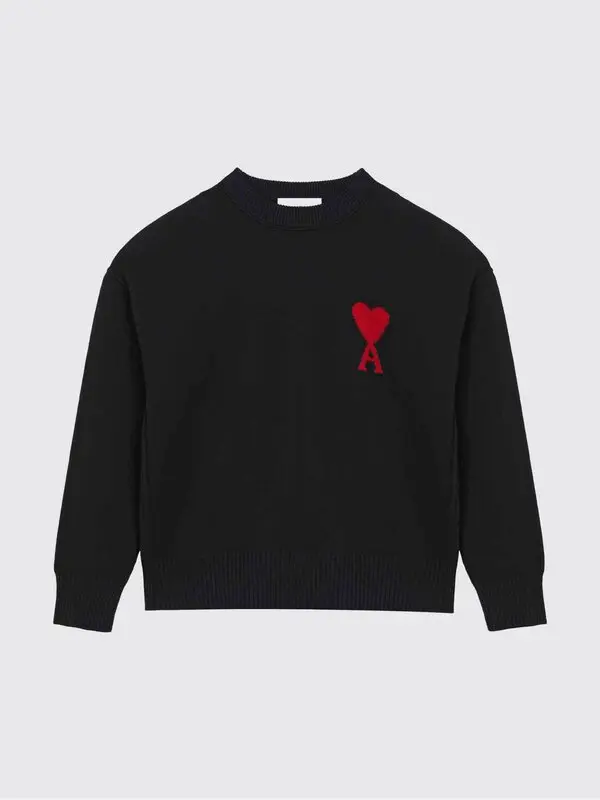 AMI Paris Crewneck Lambswool Sweater With Contrast De Cœur Logo - Black