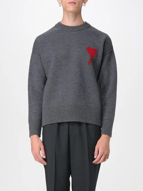 AMI Paris Crewneck Lambswool Sweater With Contrast De Cœur Logo - Grey