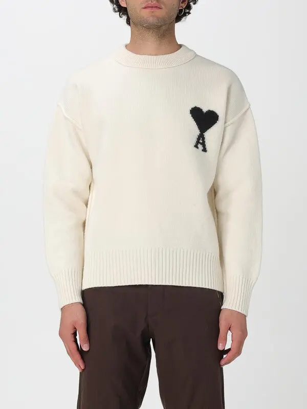 AMI Paris Crewneck Lambswool Sweater With Contrast De Cœur Logo - Sand