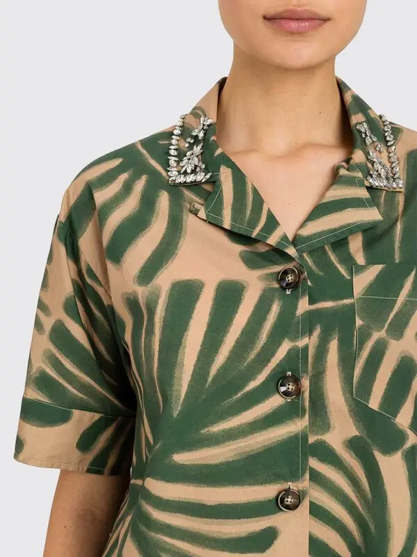 TWINSET Floral Print Cotton Shirt With Embellished Collar - Multicolor