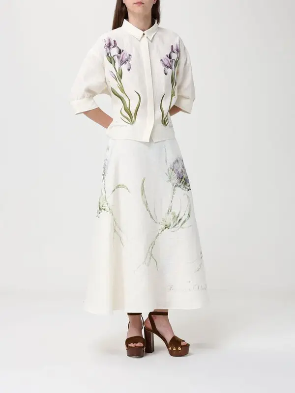 Alberta Ferretti Linen Floral Print Midi Skirt