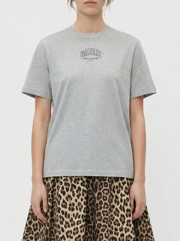 GANNI Slim Fit Cotton T-shirt With Tone-on-tone Logo - Grey