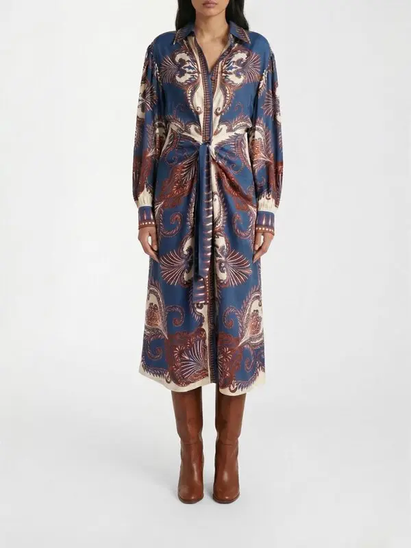 Farm Rio Printed Viscose Midi Shirt Dress With Balloon Sleeves