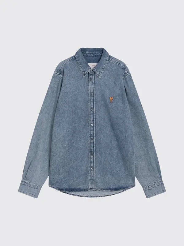 AMI Paris Button-down Collar Cotton Denim Shirt With Embroidered Logo