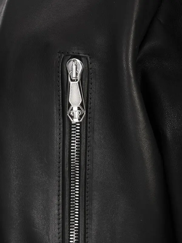 Philipp Plein Leather Bomber Jacket With Embellished Logo