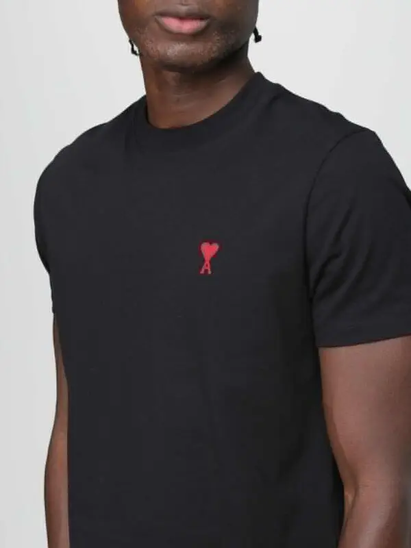 AMI Paris Organic Cotton Crewneck T-shirt With De Coeur Embroidery - Black
