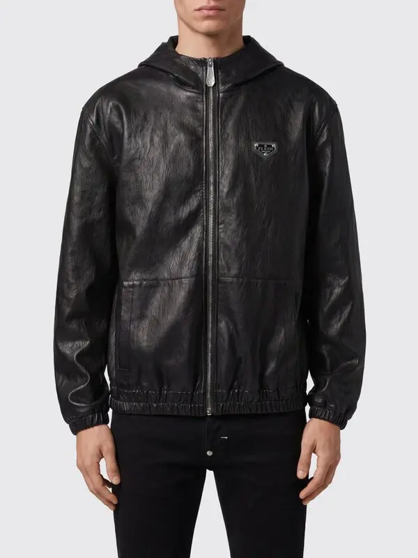 Philipp Plein Smooth Calfskin Leather Hooded Jacket