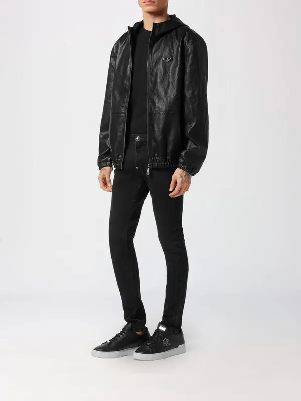 Philipp Plein Smooth Calfskin Leather Hooded Jacket