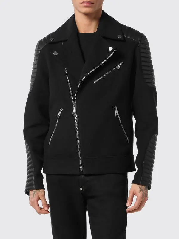 Philipp Plein Leather And Wool Biker Jacket With Lapels And Asymmetrical Zip