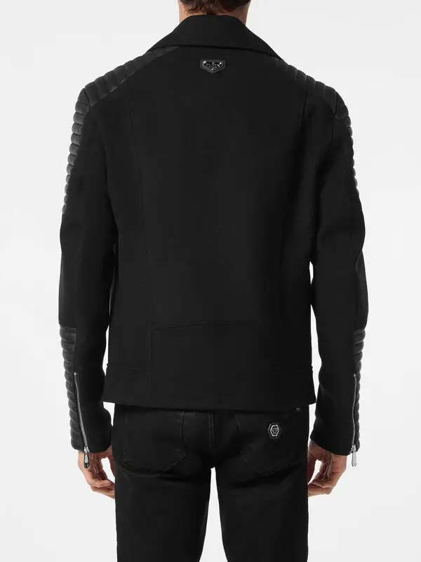 Philipp Plein Leather And Wool Biker Jacket With Lapels And Asymmetrical Zip