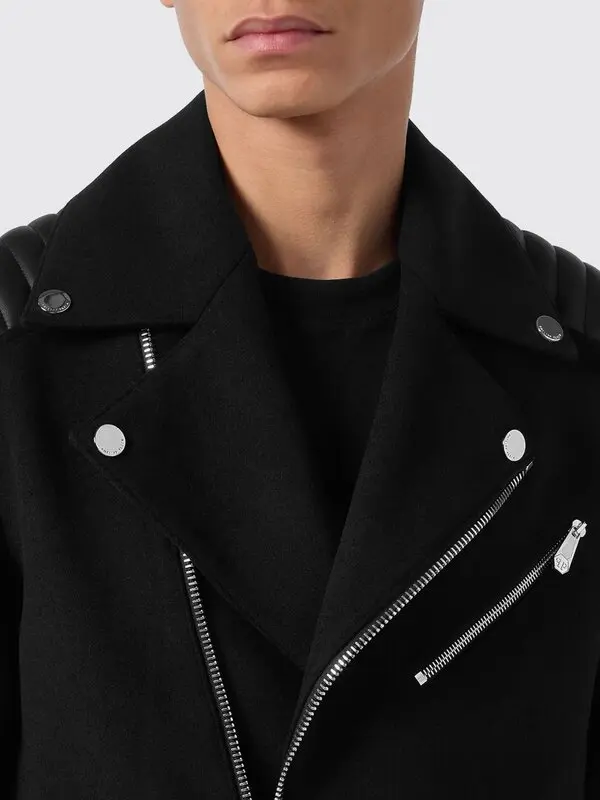 Philipp Plein Leather And Wool Biker Jacket With Lapels And Asymmetrical Zip