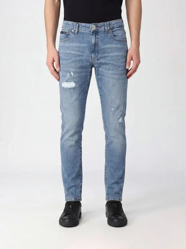 Philipp Plein Distressed Cotton Denim Slim Fit Jeans - Blue