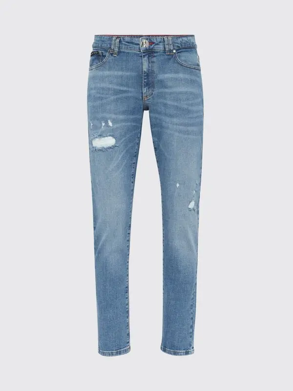 Philipp Plein Distressed Cotton Denim Slim Fit Jeans - Blue