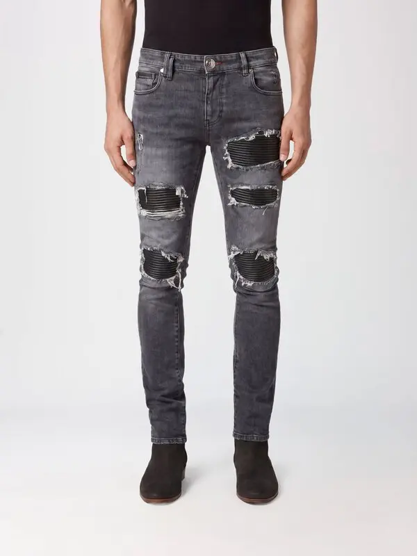 Philipp Plein Skinny Fit Cotton Denim Jeans With Distressed Effect - Grey