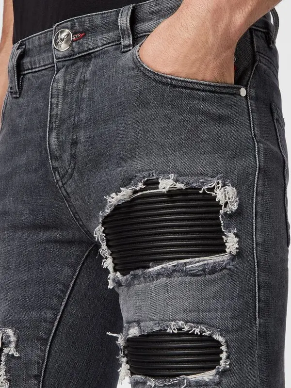 Philipp Plein Skinny Fit Cotton Denim Jeans With Distressed Effect - Grey