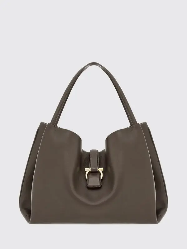 FERRAGAMO Calf Leather Tote Shoulder Bag With Gancini Logo