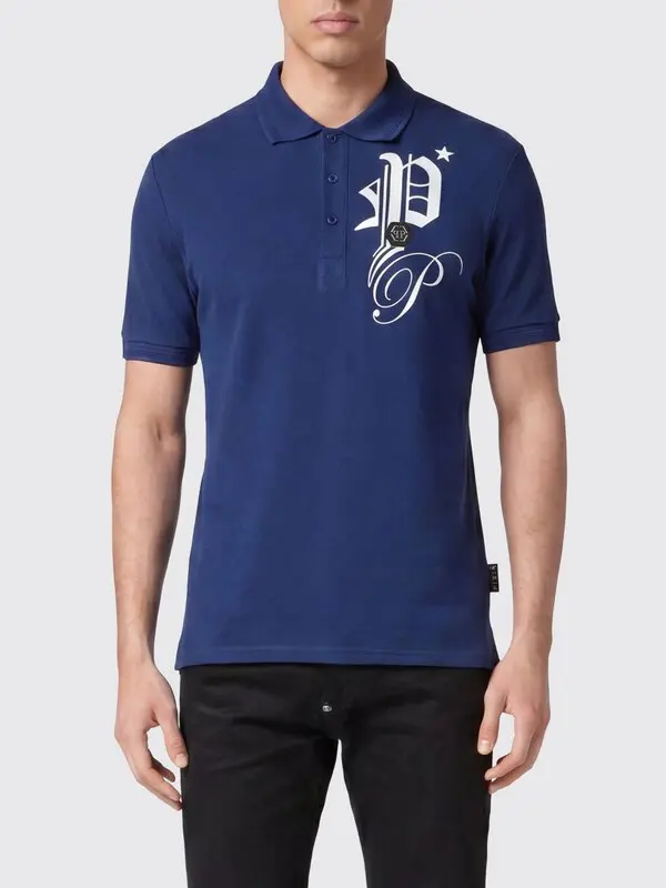 Philipp Plein Cotton Polo Shirt With Monogram Logo And Three-button Placket - Blue