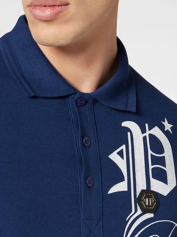 Philipp Plein Cotton Polo Shirt With Monogram Logo And Three-button Placket - Blue