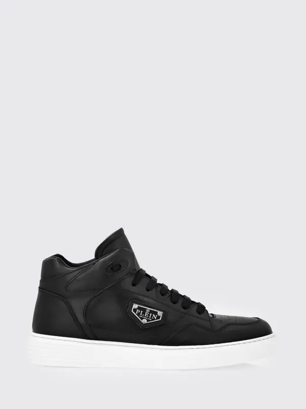 Philipp Plein High-top Lace-up Sneakers In Smooth Leather With Perforated Toe - Black
