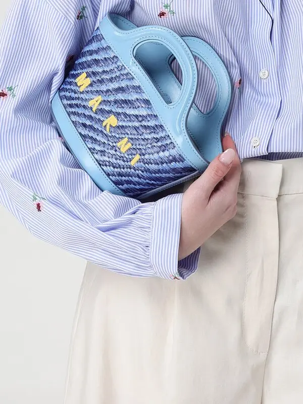 Marni Tropicalia Mini Raffia And Leather Bag With Embroidered Logo - Blue