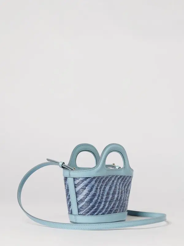 Marni Tropicalia Mini Raffia And Leather Bag With Embroidered Logo - Blue