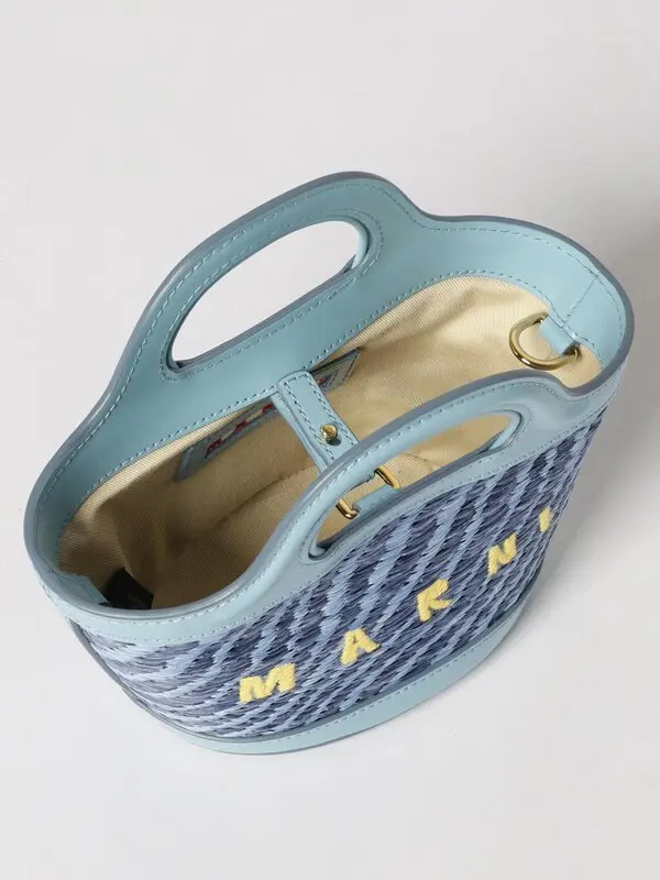 Marni Tropicalia Mini Raffia And Leather Bag With Embroidered Logo - Blue