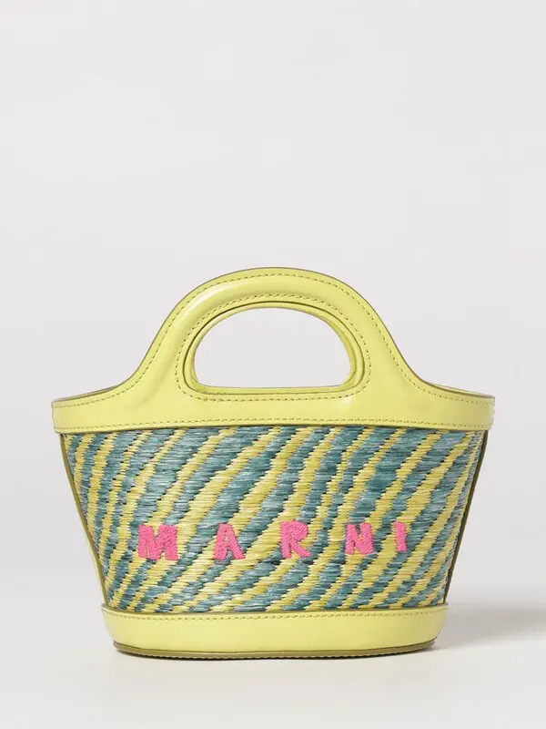 Marni Tropicalia Mini Raffia And Leather Bag With Embroidered Logo - Green