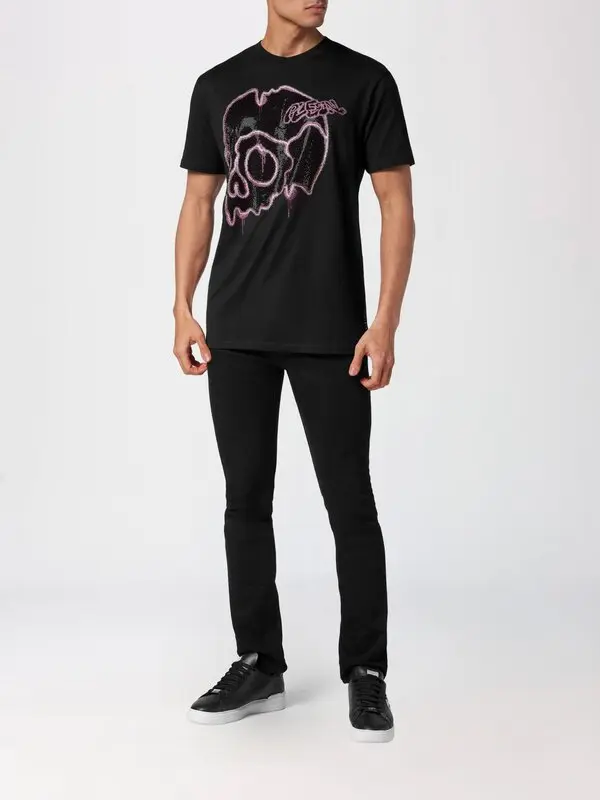 Philipp Plein Rhinestone Skull Logo Cotton Crew Neck T-shirt - Black