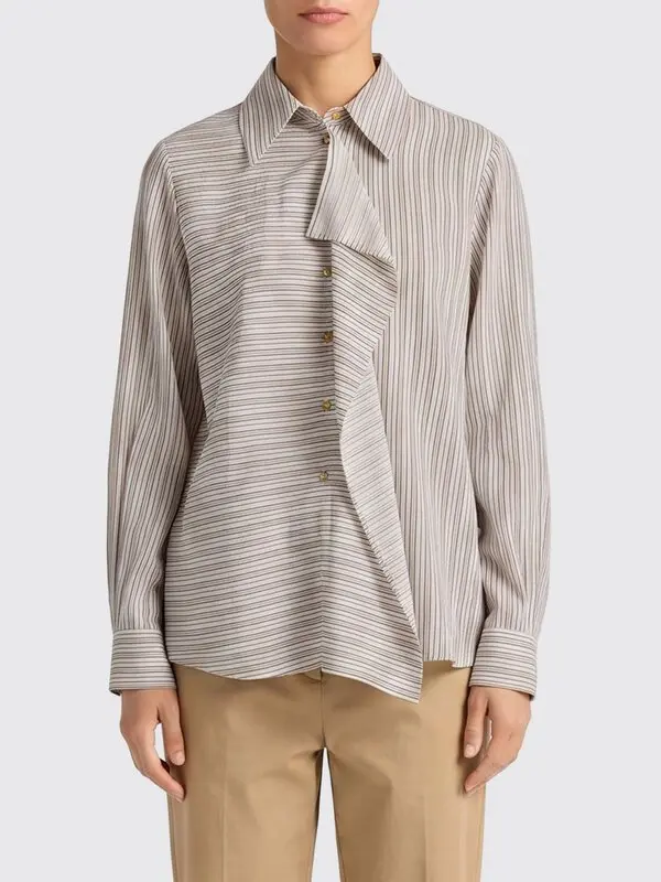 Momoni Striped Viscose Silk Blend Shirt With Ruffle Detail