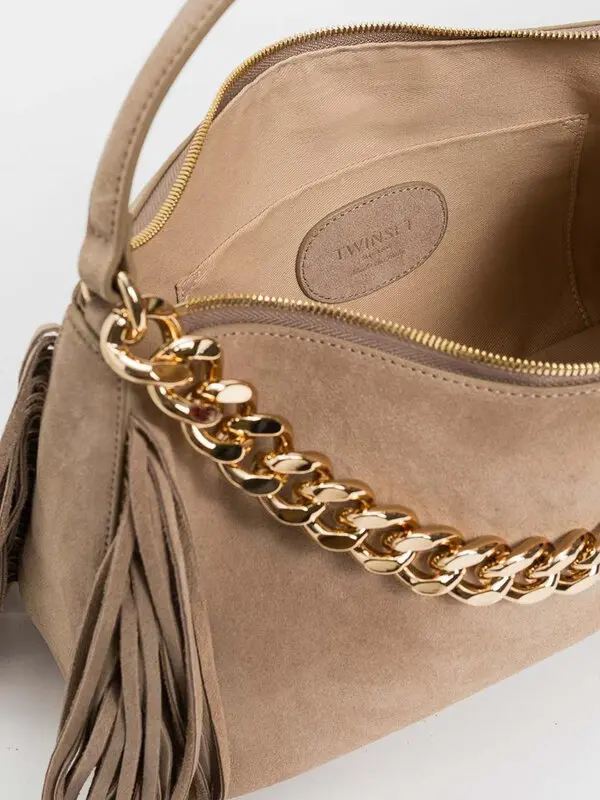 TWINSET Liliane Suede Fringed Shoulder Bag - Sand