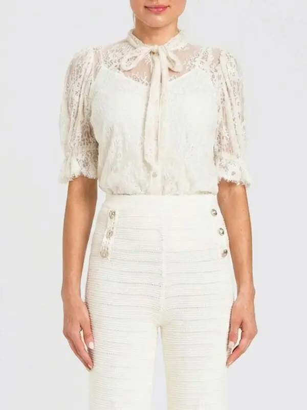 TWINSET Lace Pussybow Shirt With Puff Sleeves - Pearl