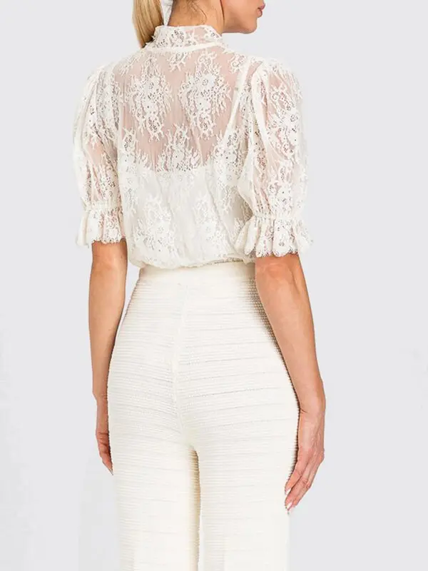 TWINSET Lace Pussybow Shirt With Puff Sleeves - Pearl