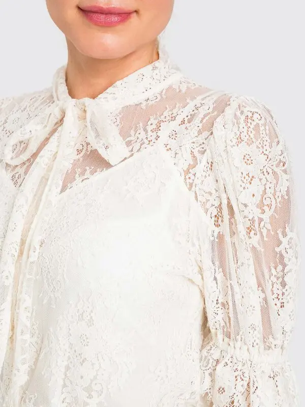 TWINSET Lace Pussybow Shirt With Puff Sleeves - Pearl