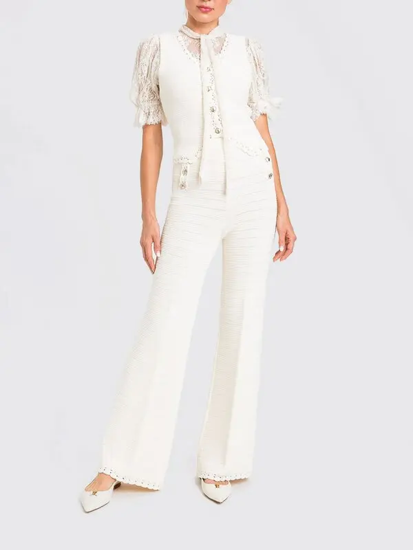 TWINSET Lace Pussybow Shirt With Puff Sleeves - Pearl