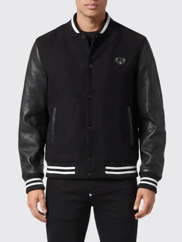 Philipp Plein Wool And Leather Varsity Bomber Jacket With Skull Embroidery And Rhinestones