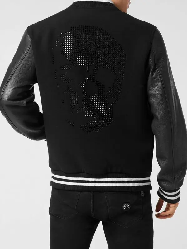 Philipp Plein Wool And Leather Varsity Bomber Jacket With Skull Embroidery And Rhinestones