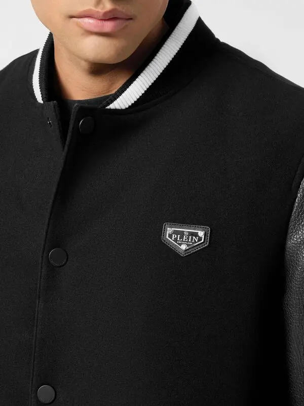 Philipp Plein Wool And Leather Varsity Bomber Jacket With Skull Embroidery And Rhinestones
