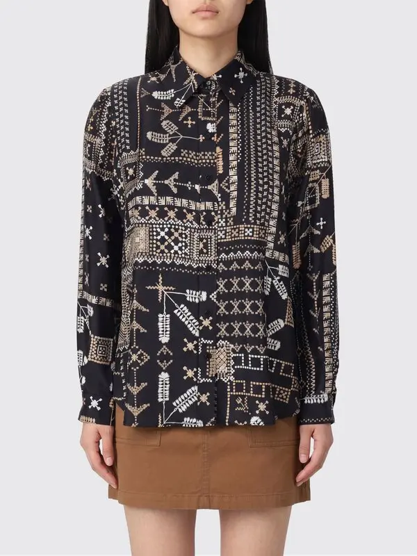 Momoni Silk Shirt With Ethnic Print - Black