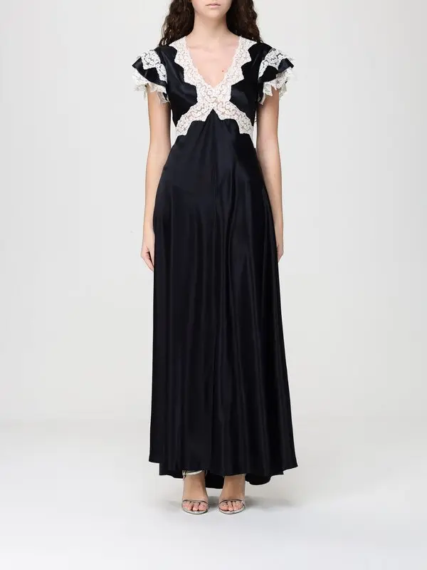 Alberta Ferretti Long Satin Dress With Lace Inserts - Black