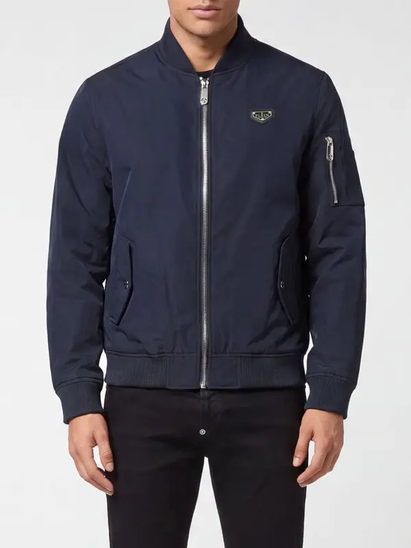 Philipp Plein Technical Fabric Bomber Jacket With Contrasting Logo And Zip Closure - Ink