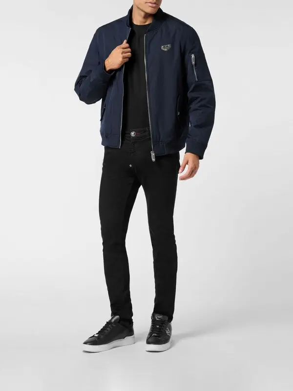 Philipp Plein Technical Fabric Bomber Jacket With Contrasting Logo And Zip Closure - Ink