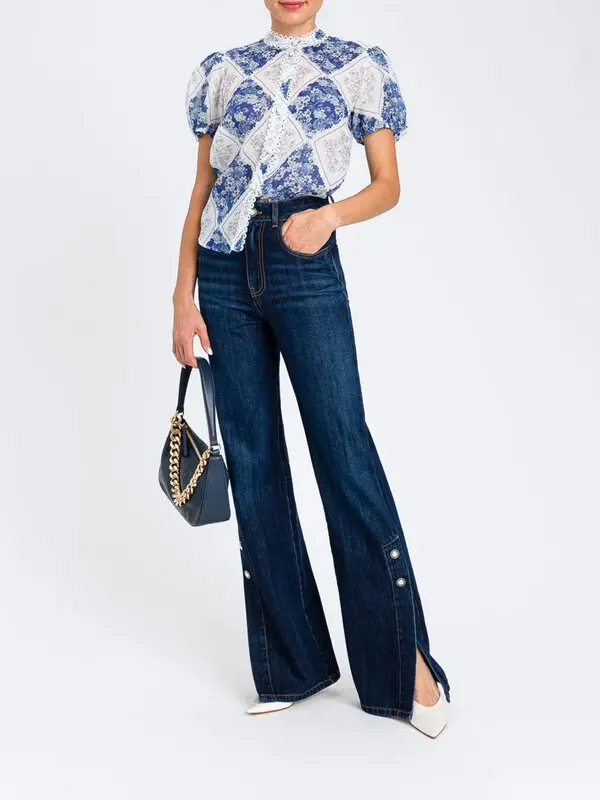 TWINSET Ramie Floral Print Puff Sleeve Shirt